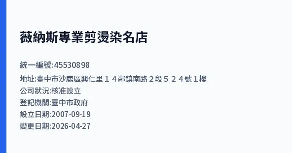 薇納斯專業剪燙染名店的照片-統編 45530898(臺中市) 公司登記資料與營業項目詳細圖表