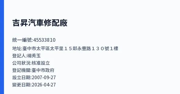 吉昇汽車修配廠的照片-統編 45533810(臺中市) 公司登記資料與營業項目詳細圖表