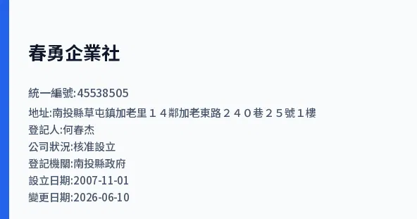 春勇企業社的照片-統編 45538505(南投縣) 公司登記資料與營業項目詳細圖表