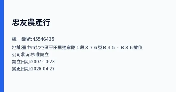 忠友農產行的照片-統編 45546435(臺中市) 公司登記資料與營業項目詳細圖表