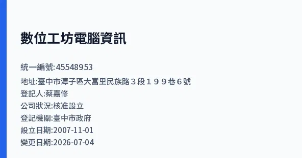 數位工坊電腦資訊的照片-統編 45548953(臺中市) 公司登記資料與營業項目詳細圖表