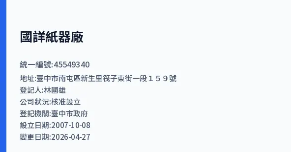 國詳紙器廠的照片-統編 45549340(臺中市) 公司登記資料與營業項目詳細圖表