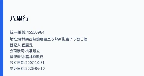 八里行的照片-統編 45550964(雲林縣) 公司登記資料與營業項目詳細圖表