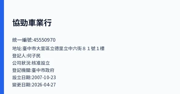 協勁車業行的照片-統編 45550970(臺中市) 公司登記資料與營業項目詳細圖表