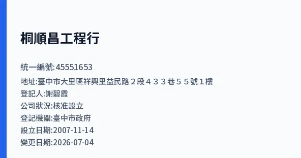 桐順昌工程行的照片-統編 45551653(臺中市) 公司登記資料與營業項目詳細圖表