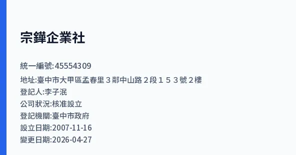 宗鏵企業社的照片-統編 45554309(臺中市) 公司登記資料與營業項目詳細圖表