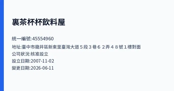 裏茶杯杯飲料屋的照片-統編 45554960(臺中市) 公司登記資料與營業項目詳細圖表