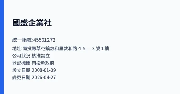 國盛企業社的照片-統編 45561272(南投縣) 公司登記資料與營業項目詳細圖表