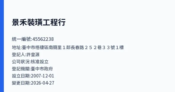 景禾裝璜工程行的照片-統編 45562238(臺中市) 公司登記資料與營業項目詳細圖表