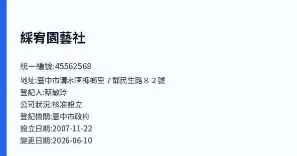 綵宥園藝社的照片-統編 45562568(臺中市) 公司登記資料與營業項目詳細圖表