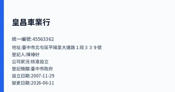 皇昌車業行的照片-統編 45563362(臺中市) 公司登記資料與營業項目詳細圖表
