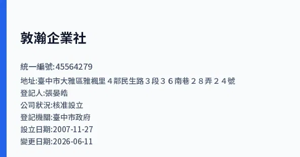 敦瀚企業社的照片-統編 45564279(臺中市) 公司登記資料與營業項目詳細圖表