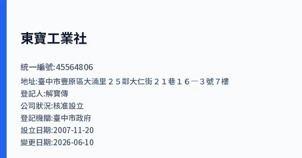 東寶工業社的照片-統編 45564806(臺中市) 公司登記資料與營業項目詳細圖表