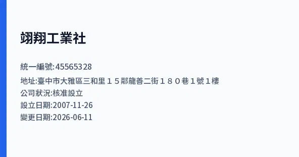 翊翔工業社的照片-統編 45565328(臺中市) 公司登記資料與營業項目詳細圖表