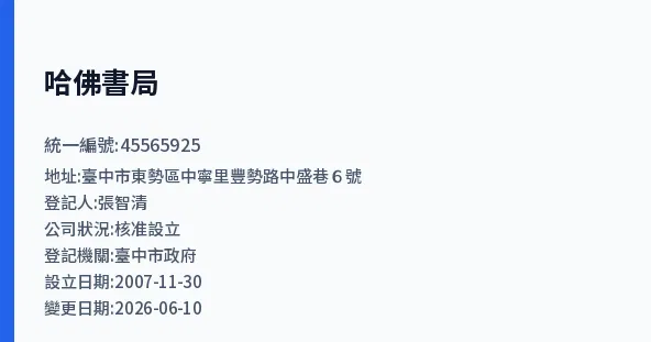 哈佛書局的照片-統編 45565925(臺中市) 公司登記資料與營業項目詳細圖表