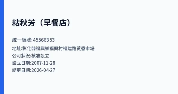 粘秋芳(早餐店)的照片-統編 45566353(彰化縣) 公司登記資料與營業項目詳細圖表