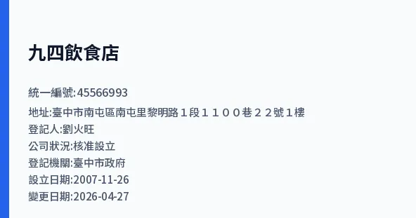 九四飲食店的照片-統編 45566993(臺中市) 公司登記資料與營業項目詳細圖表