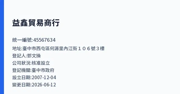 益鑫貿易商行的照片-統編 45567634(臺中市) 公司登記資料與營業項目詳細圖表