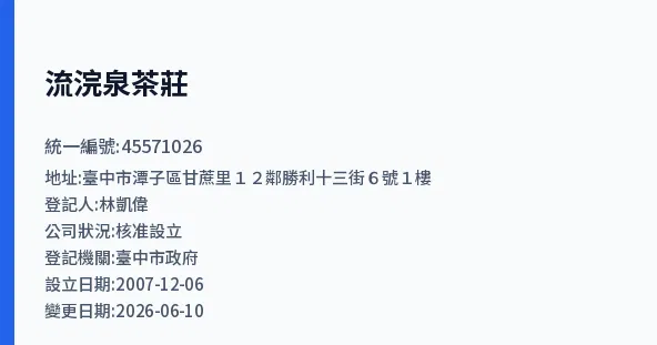 流浣泉茶莊的照片-統編 45571026(臺中市) 公司登記資料與營業項目詳細圖表