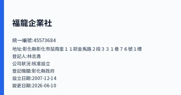 福龍企業社的照片-統編 45573684(彰化縣) 公司登記資料與營業項目詳細圖表