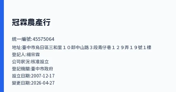 冠霖農產行的照片-統編 45575064(臺中市) 公司登記資料與營業項目詳細圖表