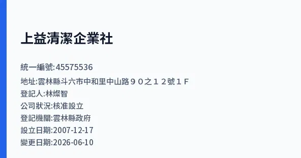 上益清潔企業社的照片-統編 45575536(雲林縣) 公司登記資料與營業項目詳細圖表