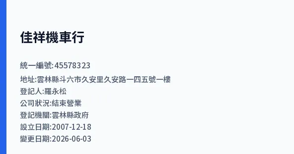 佳祥機車行的照片-統編 45578323(雲林縣) 公司登記資料與營業項目詳細圖表