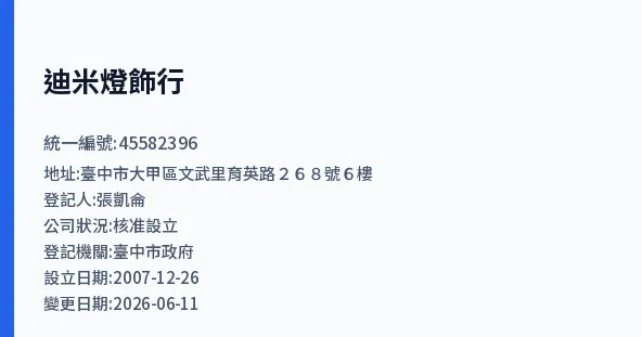 迪米燈飾行的照片-統編 45582396(臺中市) 公司登記資料與營業項目詳細圖表