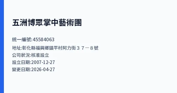 五洲博眾掌中藝術團的照片-統編 45584063(彰化縣) 公司登記資料與營業項目詳細圖表