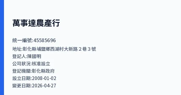 萬事達農產行的照片-統編 45585696(彰化縣) 公司登記資料與營業項目詳細圖表
