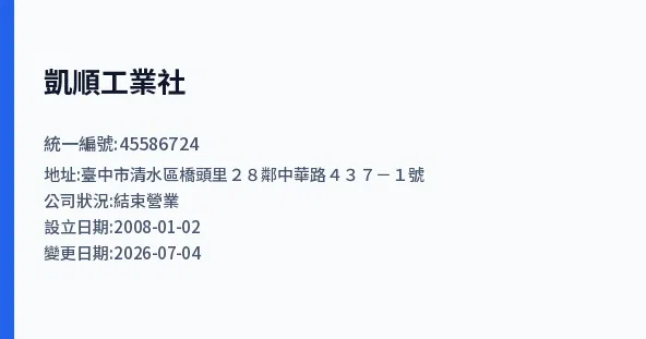 凱順工業社的照片-統編 45586724(臺中市) 公司登記資料與營業項目詳細圖表