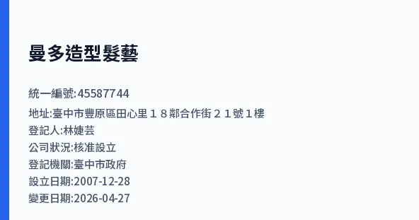 曼多造型髮藝的照片-統編 45587744(臺中市) 公司登記資料與營業項目詳細圖表