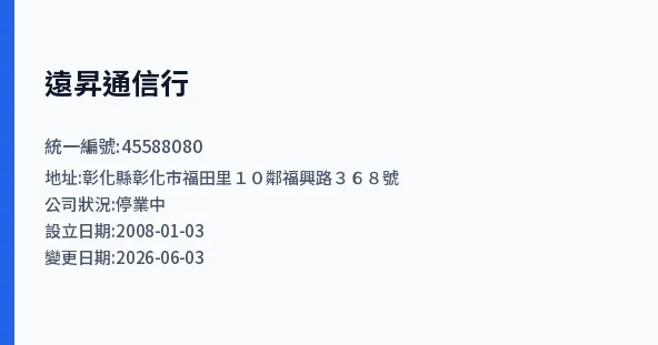 遠昇通信行的照片-統編 45588080(彰化縣) 公司登記資料與營業項目詳細圖表
