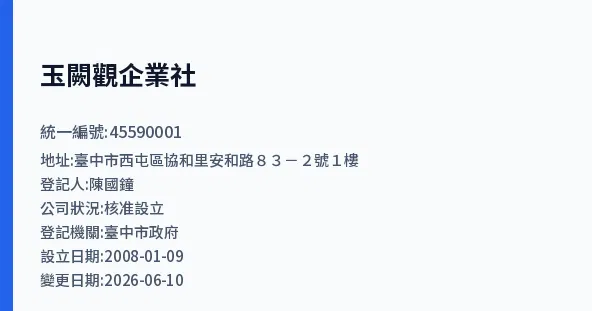 玉闕觀企業社的照片-統編 45590001(臺中市) 公司登記資料與營業項目詳細圖表