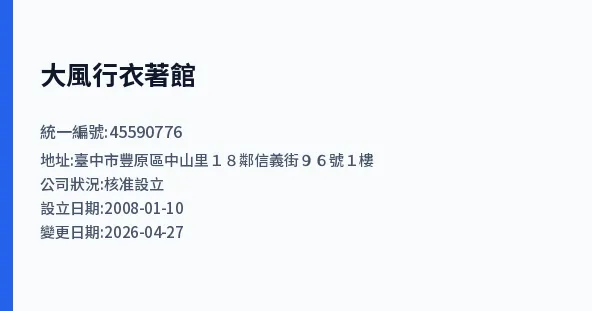 大風行衣著館的照片-統編 45590776(臺中市) 公司登記資料與營業項目詳細圖表