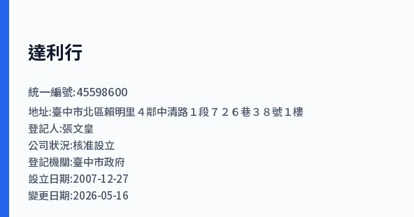 達利行的照片-統編 45598600(臺中市) 公司登記資料與營業項目詳細圖表