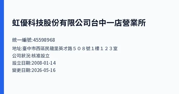 虹優科技股份有限公司台中一店營業所的照片-統編 45598968(臺中市) 公司登記資料與營業項目詳細圖表