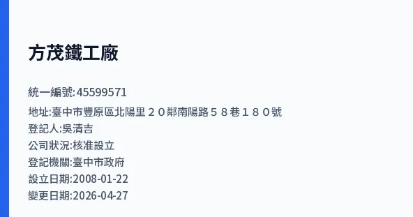 方茂鐵工廠的照片-統編 45599571(臺中市) 公司登記資料與營業項目詳細圖表