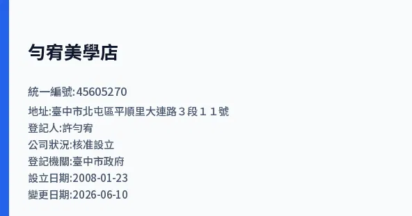 勻宥美學店的照片-統編 45605270(臺中市) 公司登記資料與營業項目詳細圖表