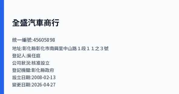 全盛汽車商行的照片-統編 45605898(彰化縣) 公司登記資料與營業項目詳細圖表
