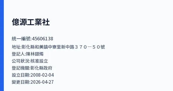 億源工業社的照片-統編 45606138(彰化縣) 公司登記資料與營業項目詳細圖表
