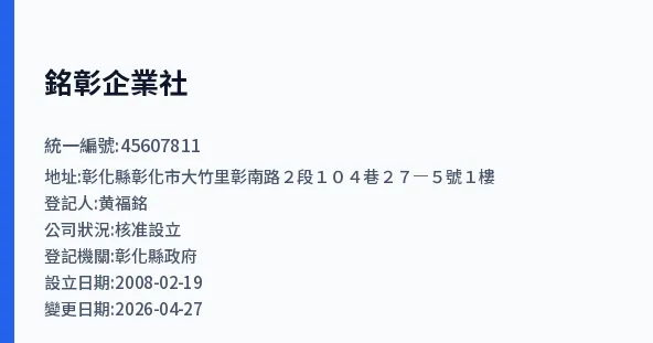 銘彰企業社的照片-統編 45607811(彰化縣) 公司登記資料與營業項目詳細圖表