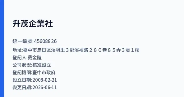 升茂企業社的照片-統編 45608826(臺中市) 公司登記資料與營業項目詳細圖表