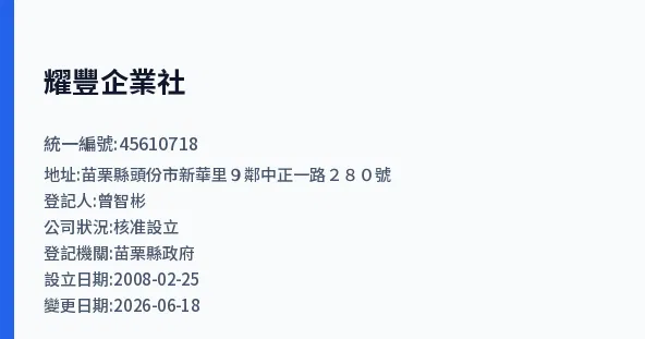 耀豐企業社的照片-統編 45610718(苗栗縣) 公司登記資料與營業項目詳細圖表