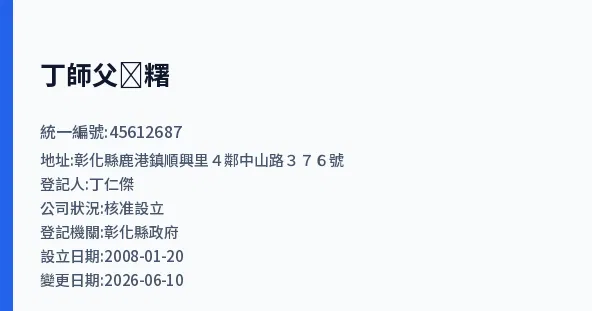 丁師父𫃎糬的照片-統編 45612687(彰化縣) 公司登記資料與營業項目詳細圖表