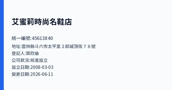 艾蜜莉時尚名鞋店的照片-統編 45613840(雲林縣) 公司登記資料與營業項目詳細圖表