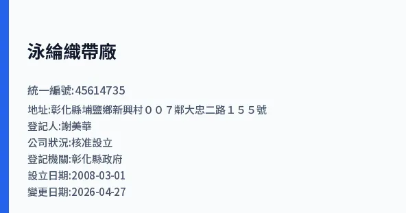 泳綸織帶廠的照片-統編 45614735(彰化縣) 公司登記資料與營業項目詳細圖表