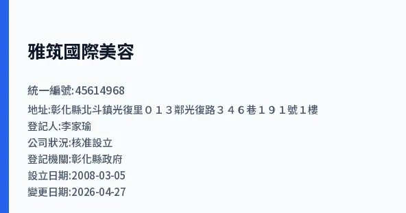 雅筑國際美容的照片-統編 45614968(彰化縣) 公司登記資料與營業項目詳細圖表