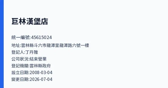 巨林漢堡店的照片-統編 45615024(雲林縣) 公司登記資料與營業項目詳細圖表