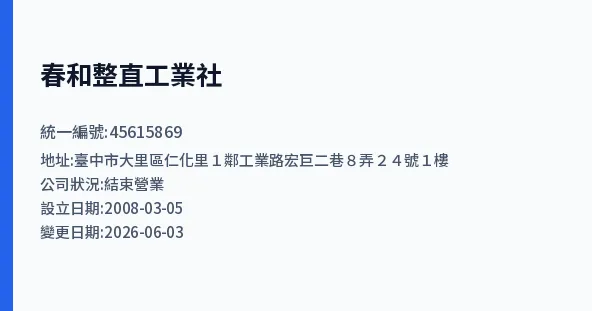 春和整直工業社的照片-統編 45615869(臺中市) 公司登記資料與營業項目詳細圖表